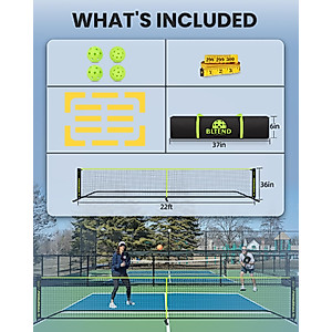 Bltend Pickleball Set - 22FT Regulation Size Portable Net, 4 Pickle Balls, Court Marker, Carry Bag and Tape Measure - Indoor Outdoor Driveway Gifts