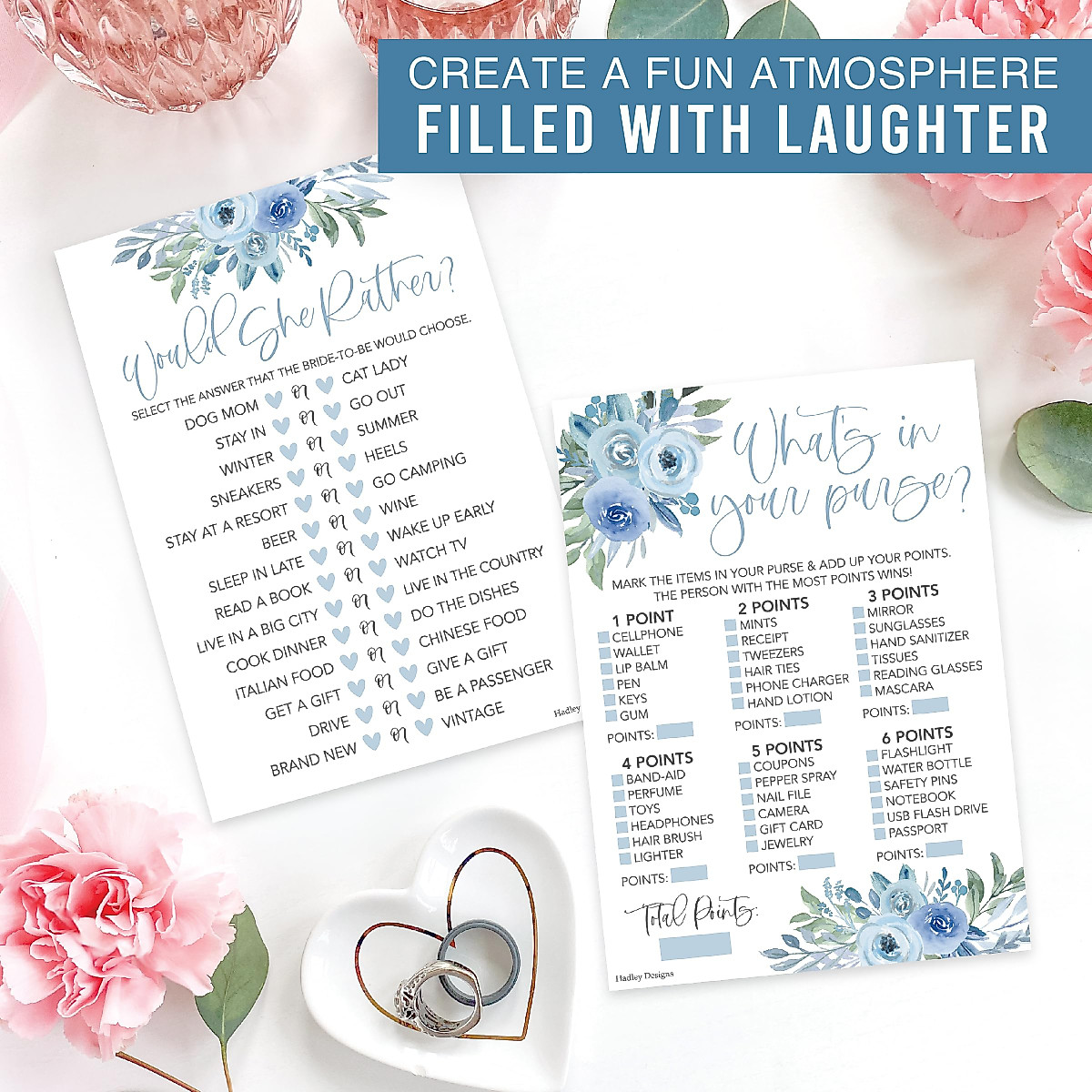 Hadley Designs 20 Floral Hilarious Bridal Shower Games For 20 Guests - Couples Wedding Shower Games, Would She Rather Bridal Shower Game Set, Whats In Your Purse Game Bridal Shower