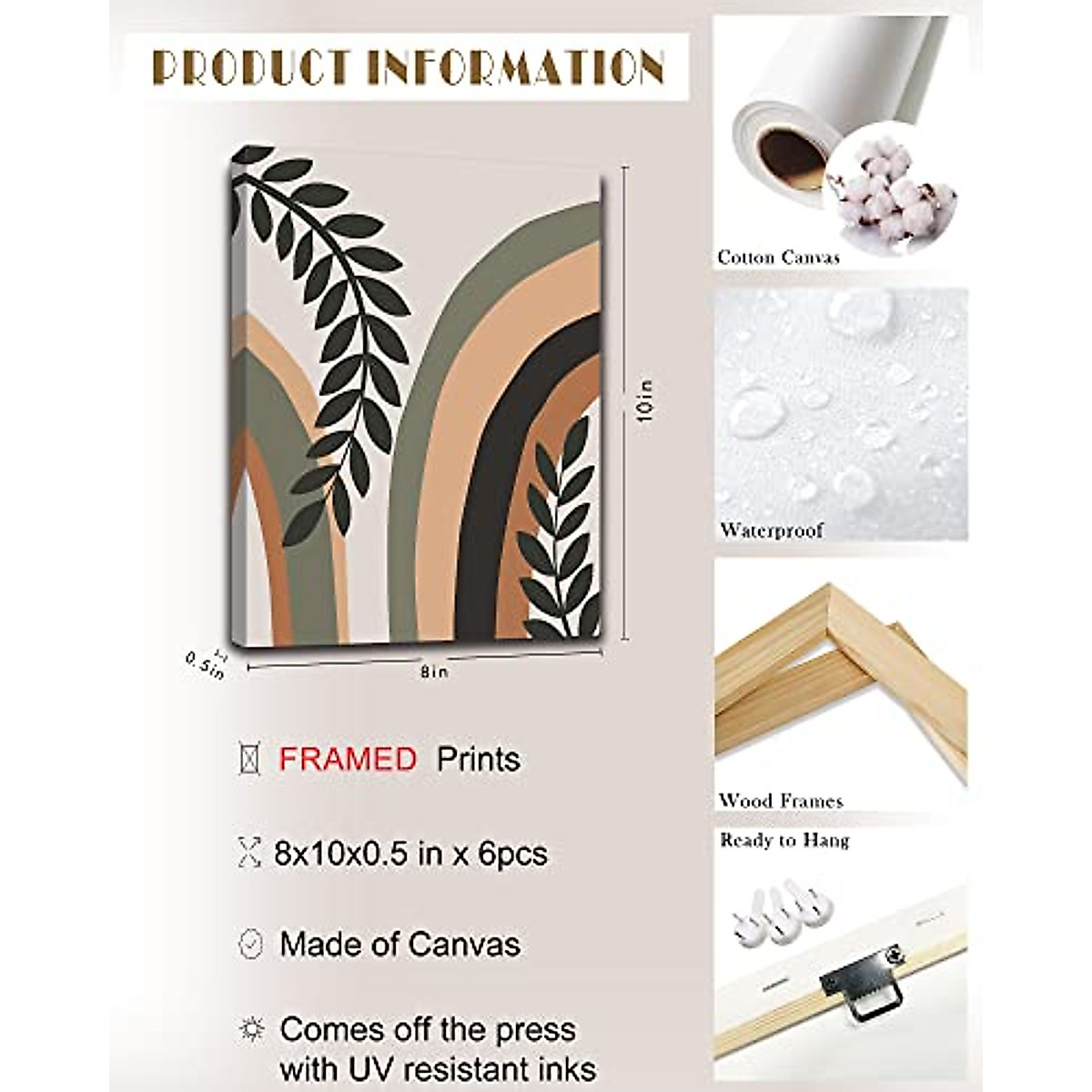 Boho Wall Art , Minimalist Wall Art , Boho Room Decor, Mid Century Modern Framed Canvas Wall Art, Abstract Boho Wall Decor, Bohemian Moon Phases Wall Painting For Living Room Bedroom Kitchen Office Home Decor Set of 6, 8x10in (Framed)