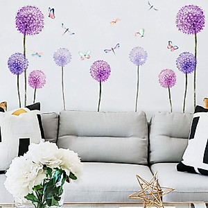 Dandelion Plant Wall Decals, Flying Violet Flowers Butterflies Dragonfly Wall Stickers, DILIBRA Removable Peel and Stick DIY Art Vinyl Mural for Classroom Kids Bedroom Bathroom Nursery Home Decor