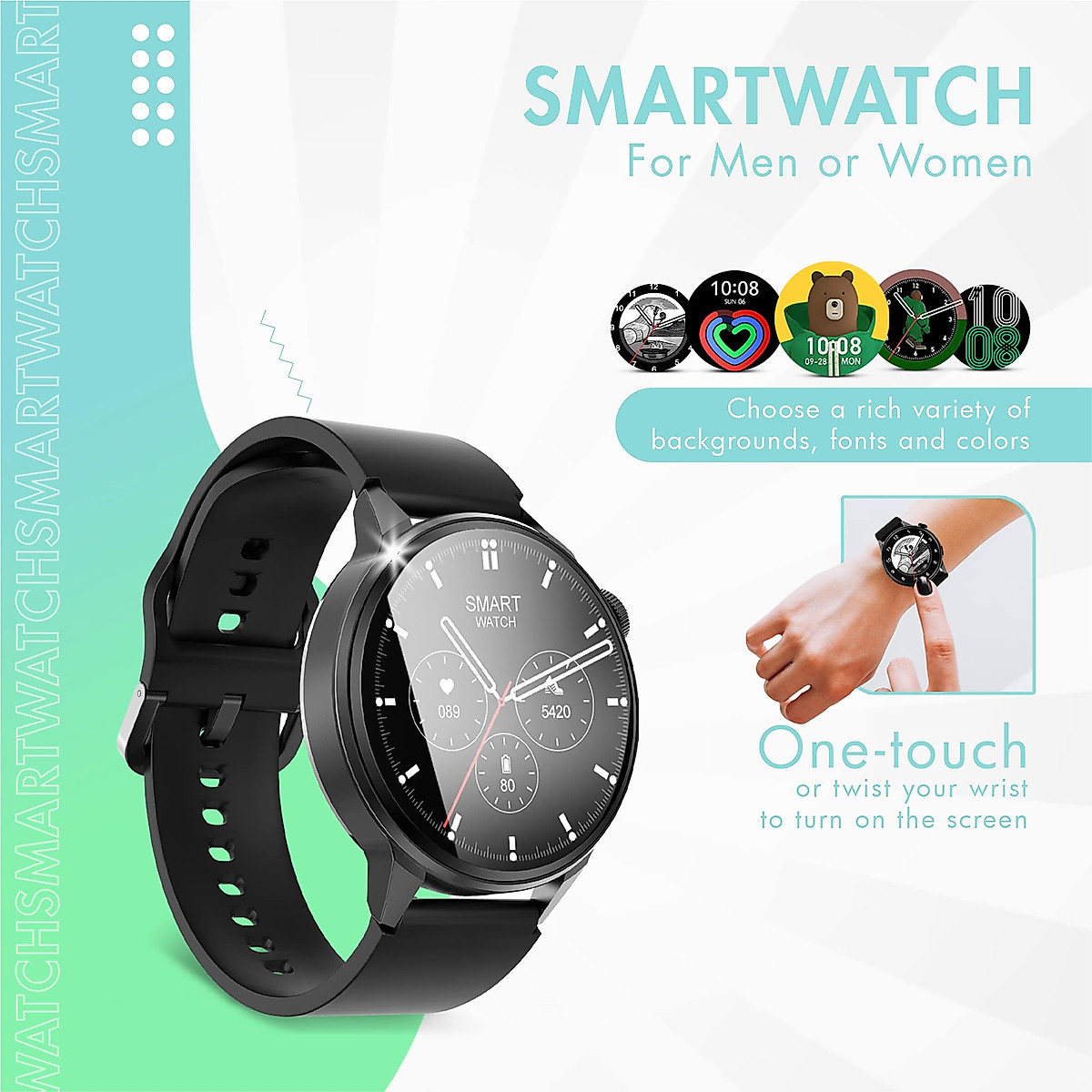 EKTON Smart Watches for Men & Women - Smart Watch for Android Phones, Make/Answer Calls, Messaging, Voice Assistant, NFC Functions, Wireless Charging, Long Battery Life, Black