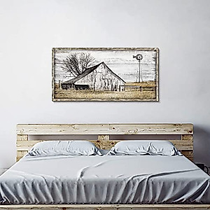 Barn Framed Wall Art Farmhouse: Rustic Farm Wood Picture Decor Large Windmill Country Scene Painting Horizontal Nature Landscape Artwork Panoramic Countryside View Print for Home Living Room Bedroom