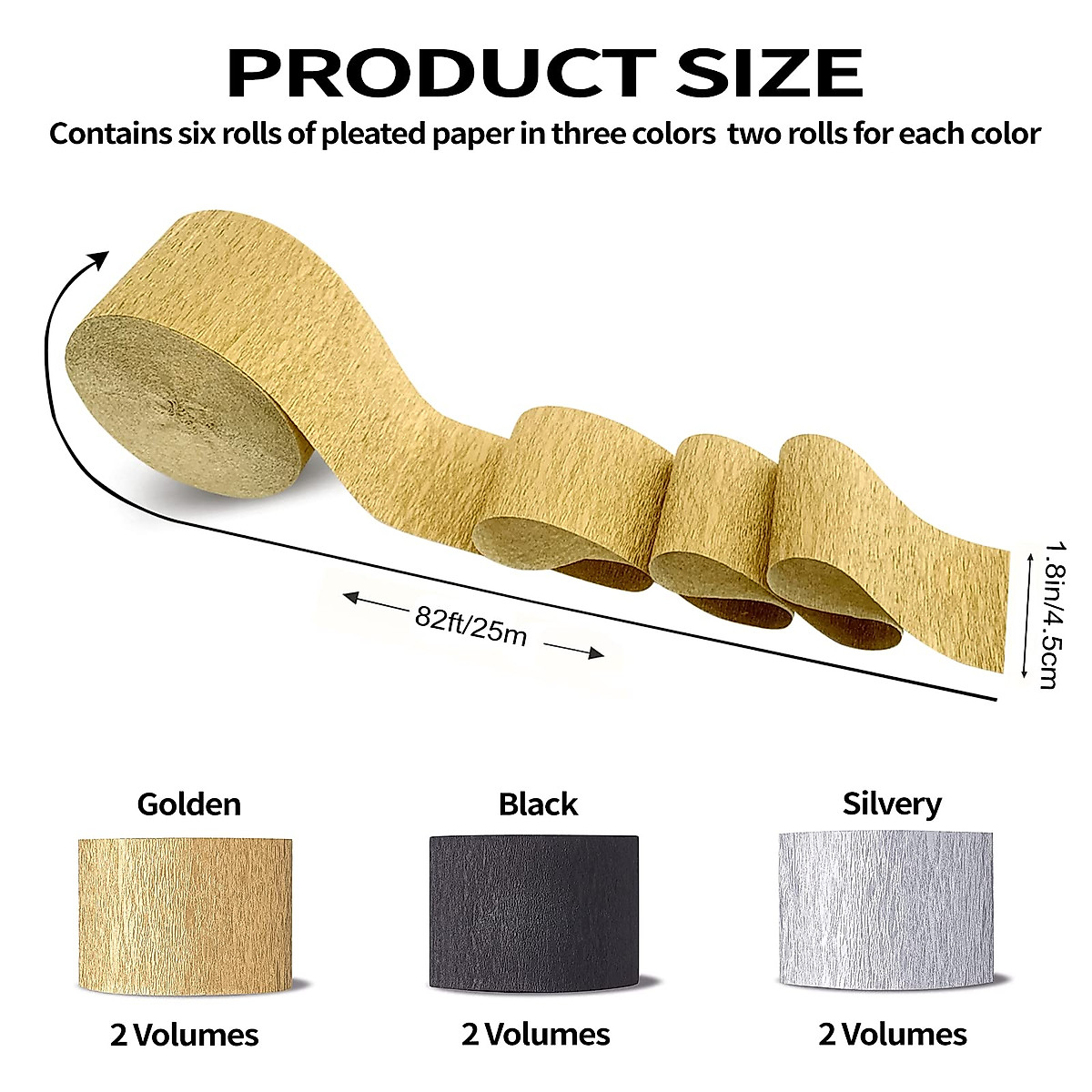 Crepe Paper Streamers 6 Rolls 492ft, Pack of 2 Gold, 2 Silver, 2 Black - Streamers Party Decorations Streamers (1.8 Inch x 82 Ft/Roll),for Party Decorations Birthday Decorations, Wedding Decorations