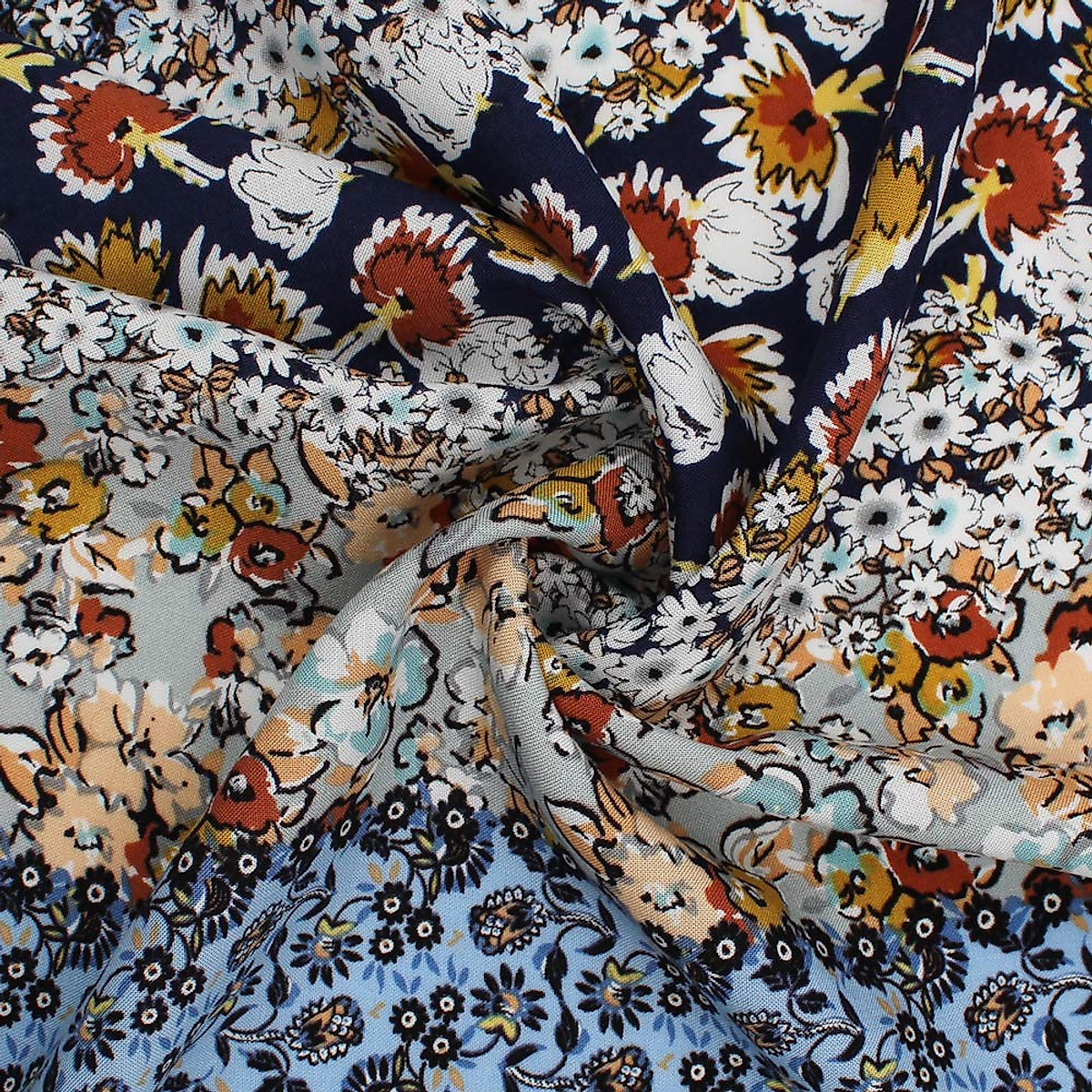 Navy Denim Floral Design Printed 55" Light-Weight Rayon Challis Fabric by The Yard