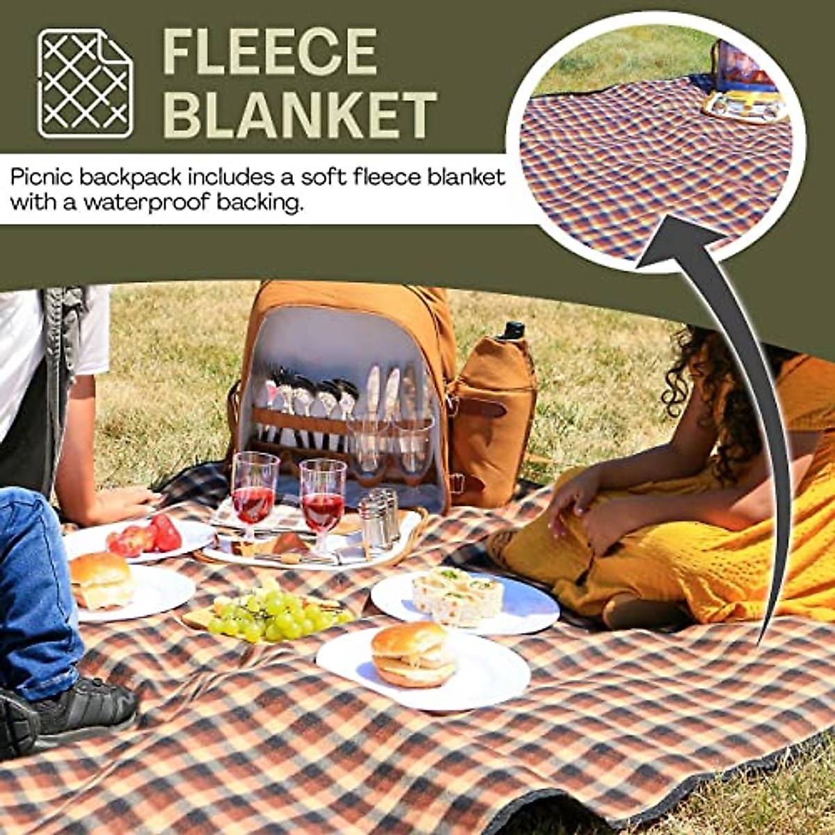 Picnic Backpack - Canvas and Faux Leather Picnic Backpack for 4 – Insulated Picnic Basket for 4 and Picnic Set - Picnic Basket w/a Fleece Picnic Blanket, Dinner Plates and Cutlery Set