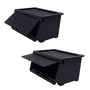 ASTAGE flip top storage bin lockable box plastic storage box with retractable lid modular stackable box storage organization - Large 2 Pack Black