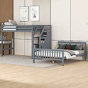 Harper & Bright Designs Twin Over Full Bunk Bed with Staircase, Wooden L Shaped Bunk Beds for Kids, Twin Loft Bed with Storage Drawers and Full Platform Bed, No Box Spring Needed (Gray)