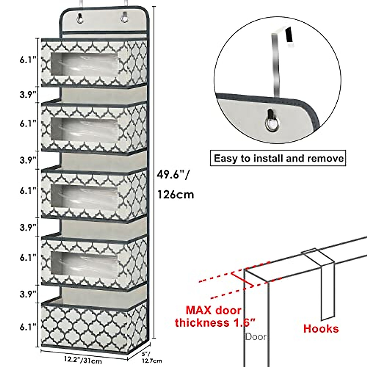homyfort Over the Door Organizer, Hanging Storage Organizer with 5 Large Pockets & Clear Window for Nursery,Baby Diapers,Bathroom,Closet,Pantry,Dorm,Kids (Beige)