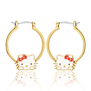 Sanrio Hello Kitty Womens Hoop Earrings - Gold Flash Plated and Enamel Hello Kitty Earrings Officially Licensed