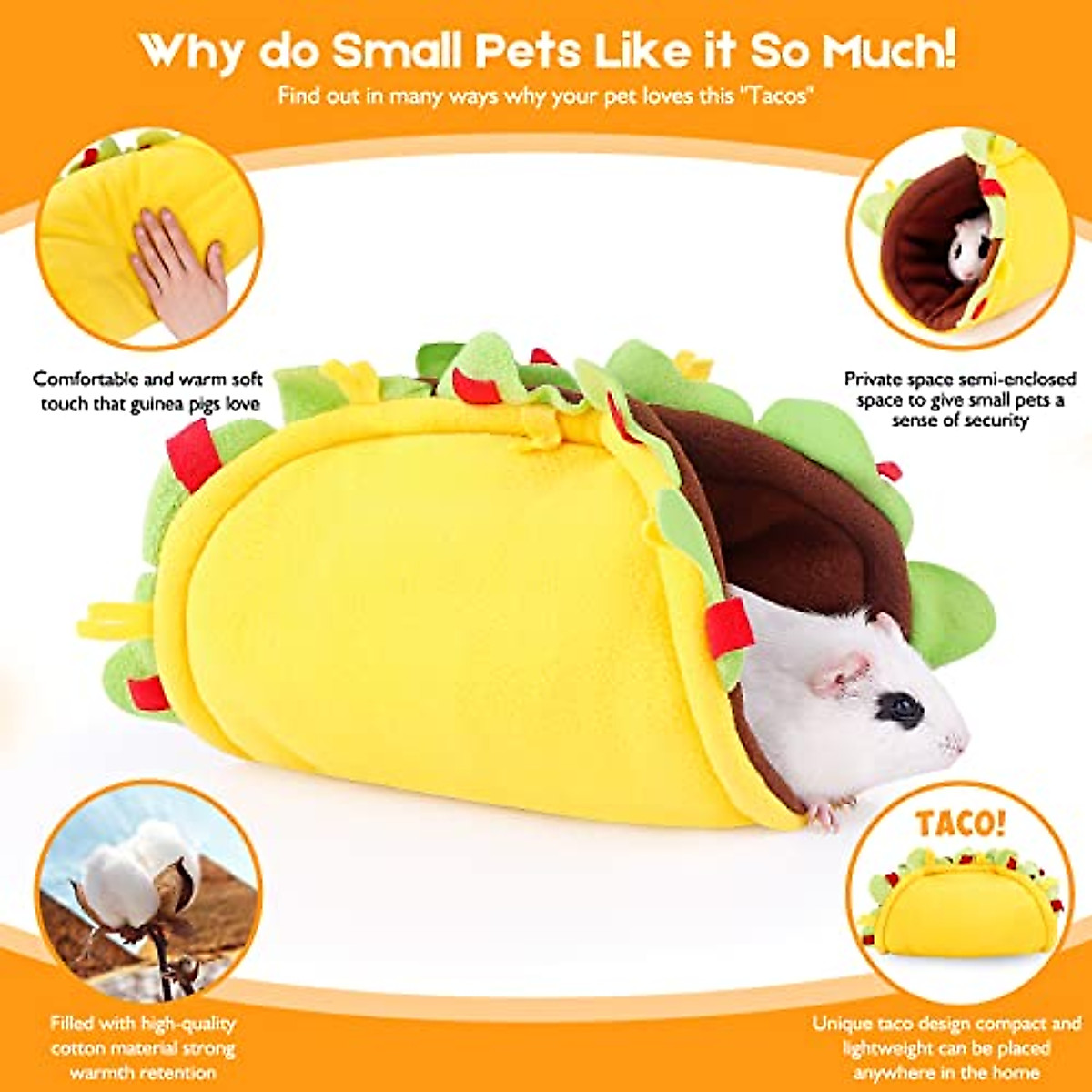 Taco Guinea Pig Tunnel House, Washable Small Animals Hideout, Fun Stay Open Cage Bed for Chinchilla, Hamsters, Hedgehog, Bunny, Rabbits and Small Animal, Tube Toys Playing Sleeping Warm Nest Habitats