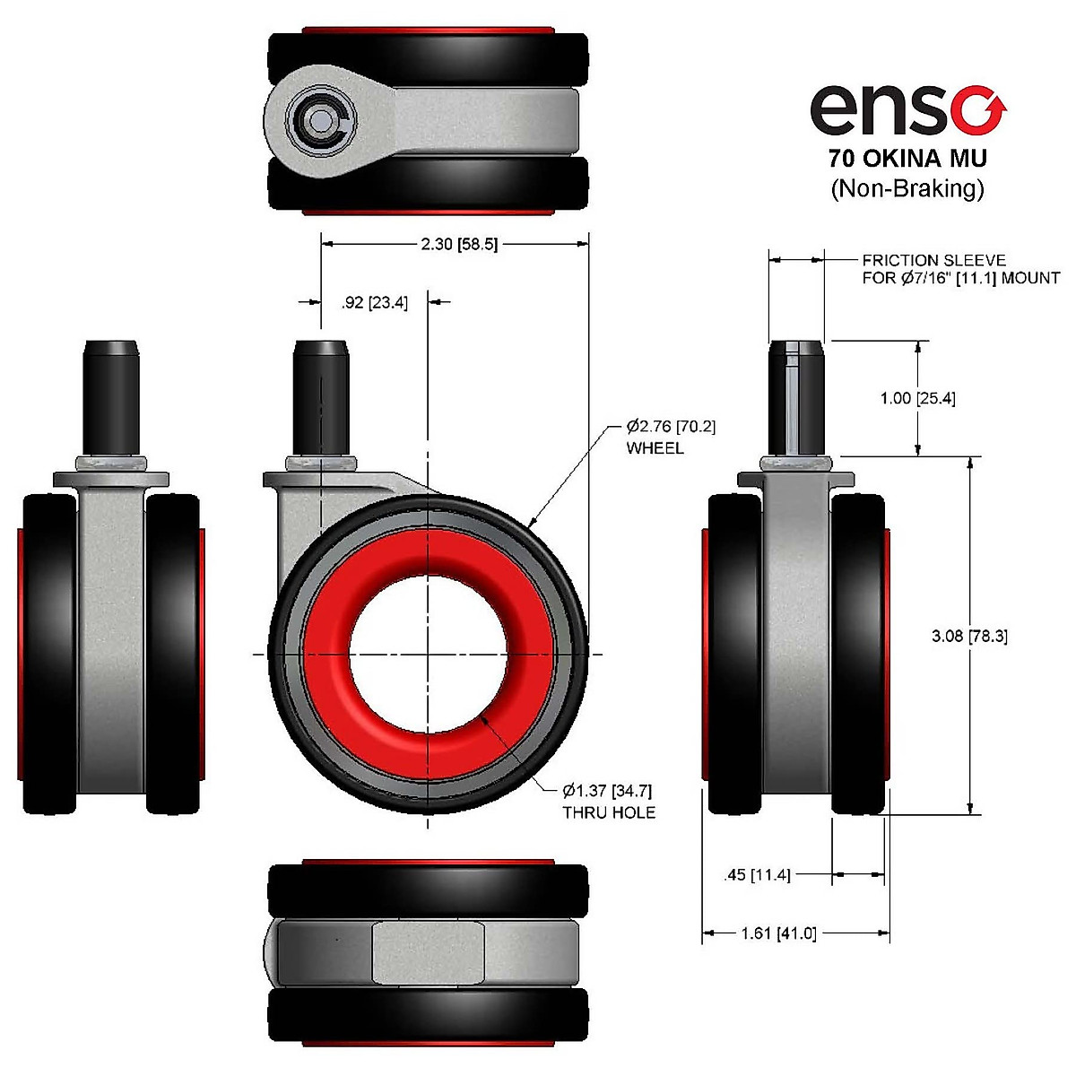 Enso Motion Office Chair Replacement Caster Wheels, 70 Okina Mu Series - Black (Set of 5)