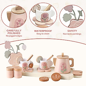 Wooden Tea Party Set for Little Girls, Toddler Tea Set Toy Pretend Play Kitchen Accessories, Wooden Play Food Set for 3 4 5 6 Years Old Boys Girls