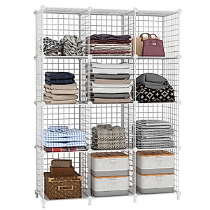 AWTATOS Wire Cube Storage Organizer, Closet Organizers and Storage, Metal 12 Cube Storage Shelves Bookshelf, Portable Closet Clothes Organizer for Bedroom, Home, Office, White