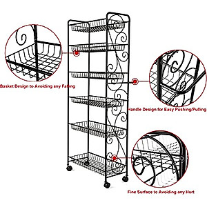 HLC 6 Tier Freestanding Metal Bathroom Kitchen Storage Shelf Rack with Wheels Black