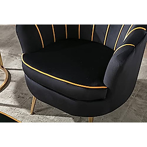 Modern Velvet Accent Chair with Ottoman Set, Upholstered Tufted Barrel Chair Leisure Chair with Footrest and Metal Legs for Living Reading Room Bedroom Office (Black)