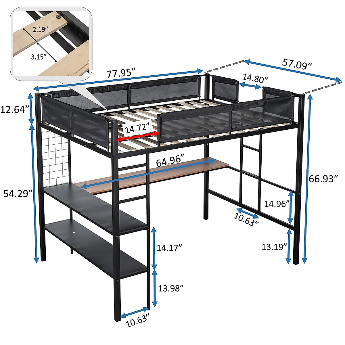 NCKMYB Metal Loft Bed with Desk and Shelves, Full Size Loft Bed with 2 Ladders and 2 Tier Shelves, for Teen Adult or Dorm, Black