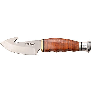 Elk Ridge - Outdoors OUTSKIRT Fixed Blade Knife - 8.25-in Overall, Satin Finish Stainless Steel Gut Hook Blade, Stacked Leather Handle, Includes Leather Sheath, Hunting, Camping, EDC - ER-200-29LBR