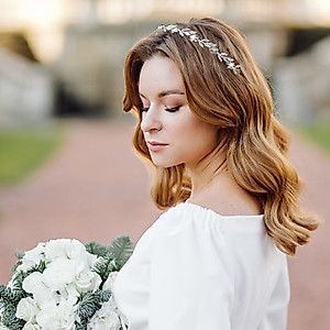 Crystal Leaf Pearl Hair Vine Tiara Headpiece with Flower Headband for Wedding Brides and Women - Silver