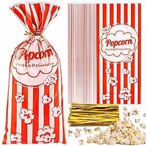 MAQIHAN 100 Popcorn Bags Individual Servings - Plastic Popcorn Individual Food Bags with Twist Tie Pop Corn Party Popcorn Sleeves Bulk Bar Snack Containers Nostalgia Gift Packs Movie Night Supplies