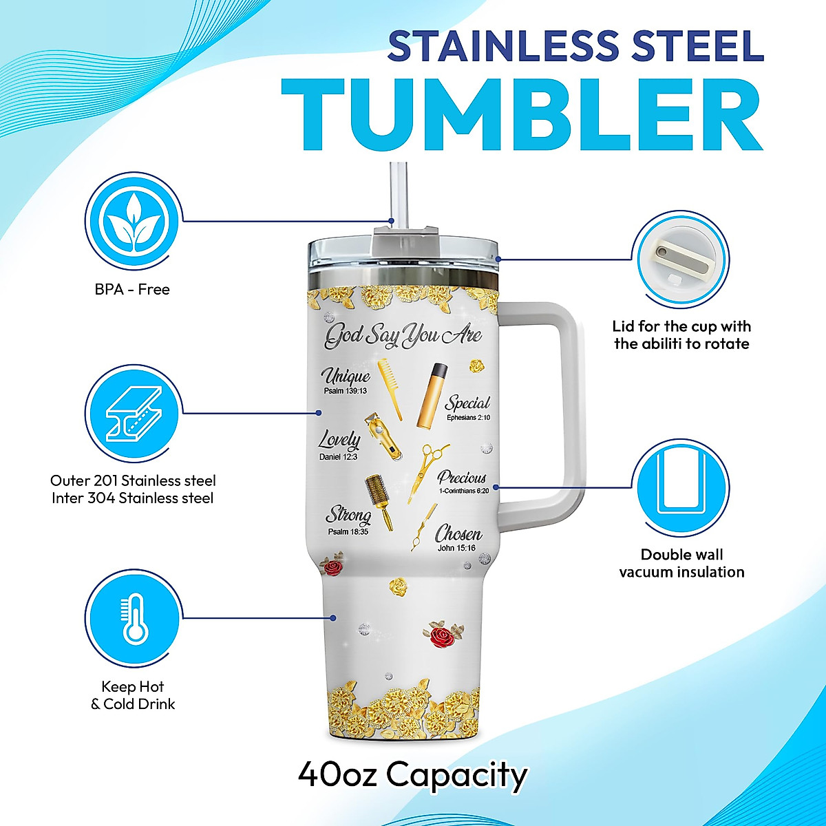 Hyturtle Personalized HairStylist Tumbler Gift For HairStylists Christian God Says You Are Cup With Name 40oz Tumbler with Handle&Straw Lid Hairdressing Hairdresser Coffee Cup Flower Print Cosmetology