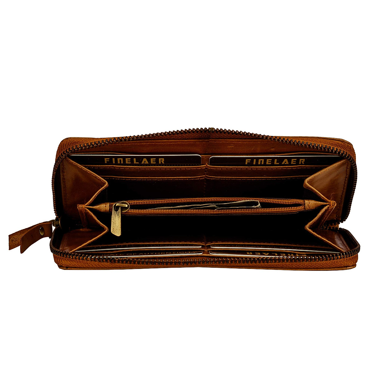 FINELAER Brown Leather Women Wallet Purses Zip Around RFID