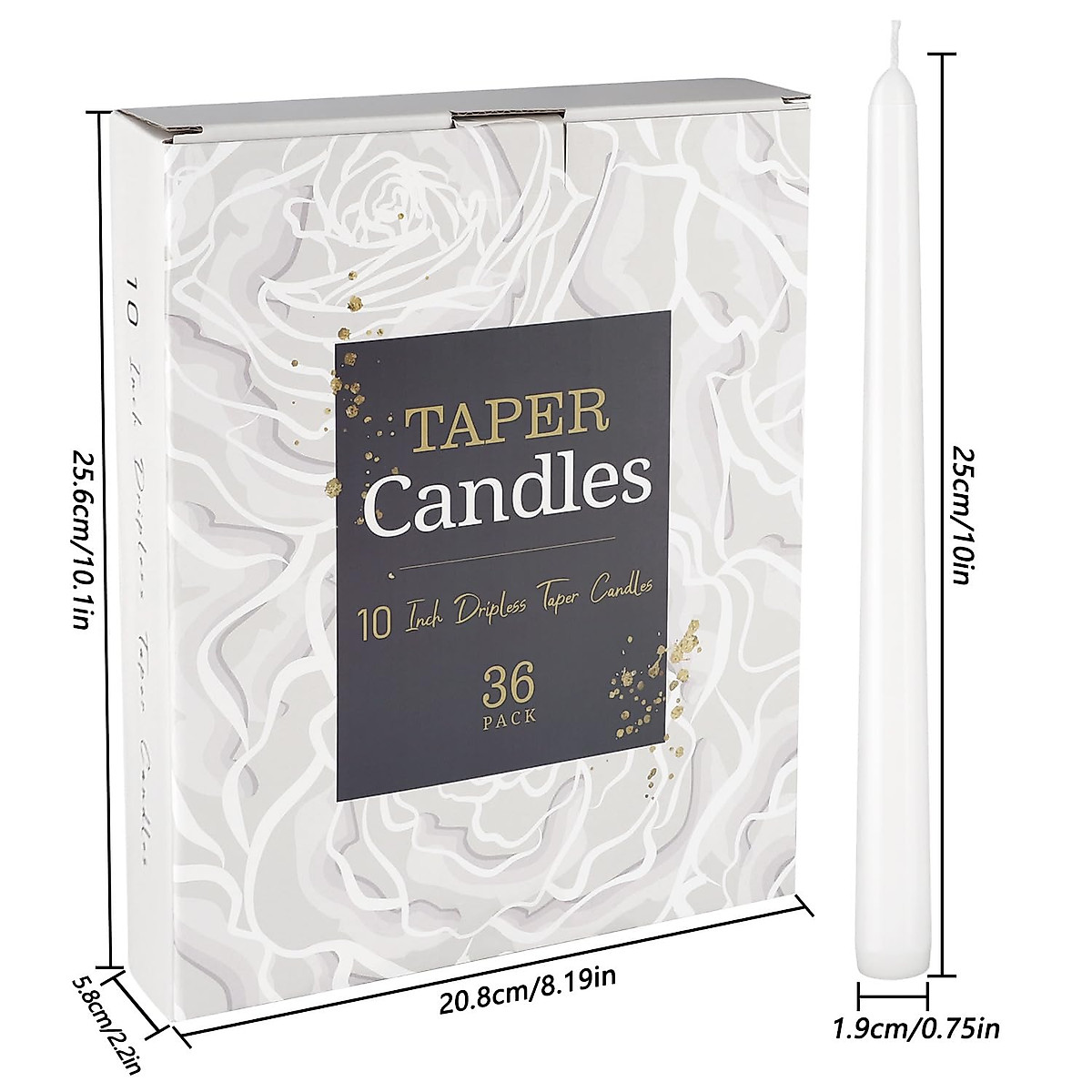 36 Pack 10 inch White Taper Candles, 7-7.5 Hour Burn Time,Unscented Dripless and Smokeless, Elegant Premium Quality Dinner Candle for Home Décor, Restaurant, Wedding, Party Candlesticks