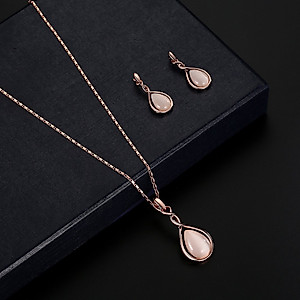 ASHMITA Rose Gold Teardrop Necklace Gemstone Dangle Earrings Wedding Jewelry Set