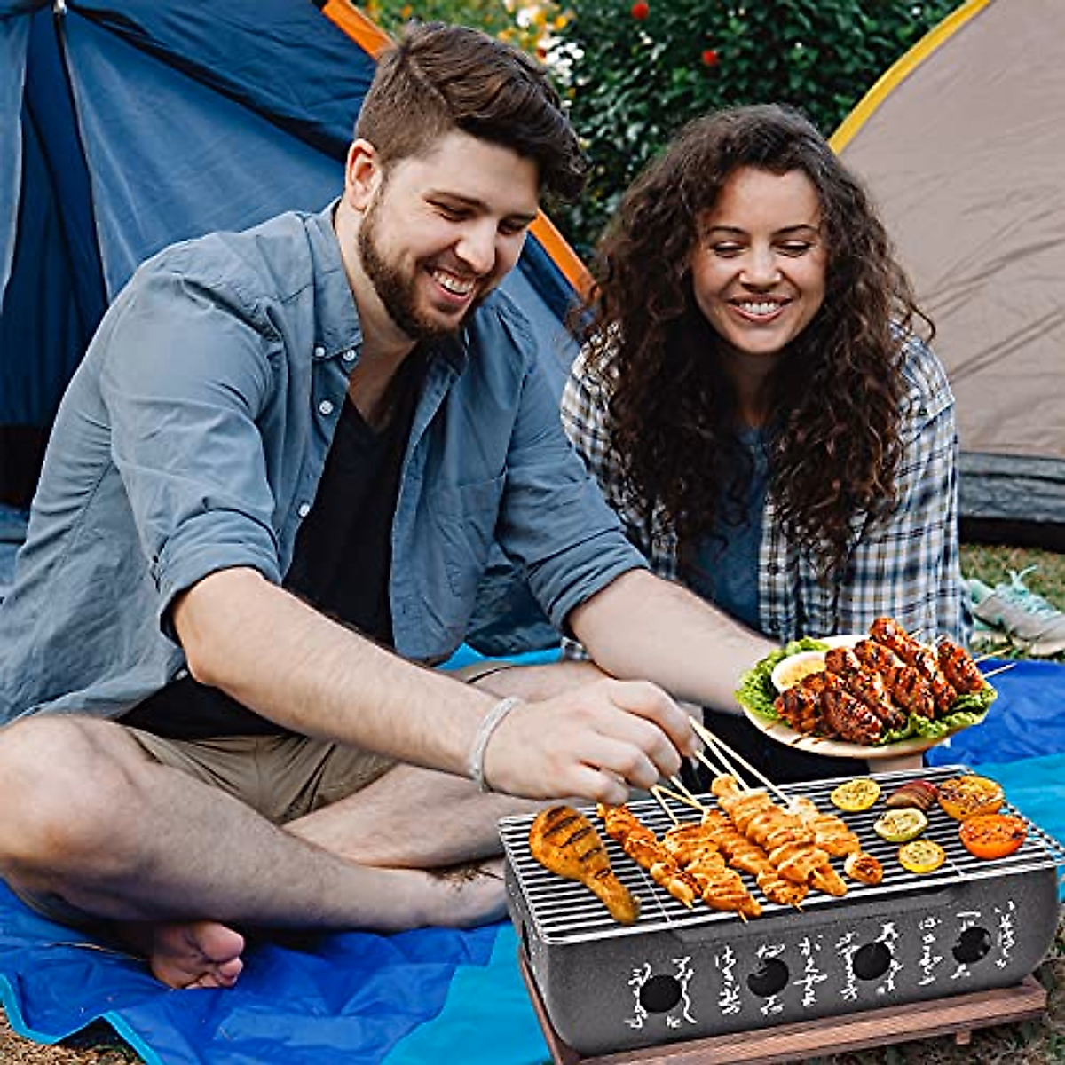 Japanese Style BBQ Grill,14 x 6.9 x 4 inches Portable Barbecue Stove Aluminium Alloy Charcoal Stove with Wire Mesh Grill and Base Japanese Tabletop Household Barbecue Tools