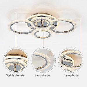 Garwarm Modern Ceiling Light 58W Dimmable Flush Mount LED Ceiling Lamp 4 Rings Acrylic Ceiling Chandelier for Living Room Dining Room Bedroom,Chrome