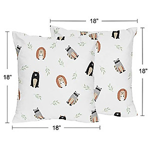Sweet Jojo Designs Bear Raccoon Hedgehog Forest Animal Decorative Accent Throw Pillows for Woodland Pals Collection - Set of 2 - Neutral Beige, Green, Black and Grey