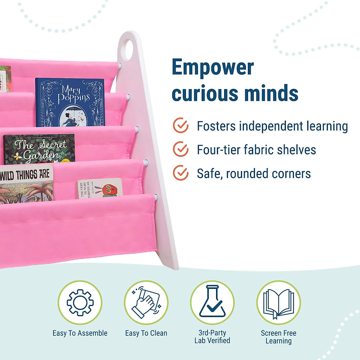 Wildkin Kids Modern Sling Bookshelf for Boys and Girls, Wooden Design Features Two Top Handles and Four Fabric Shelves, Helps Keep Bedrooms, Playrooms, and Classrooms Organized (White and Pink)