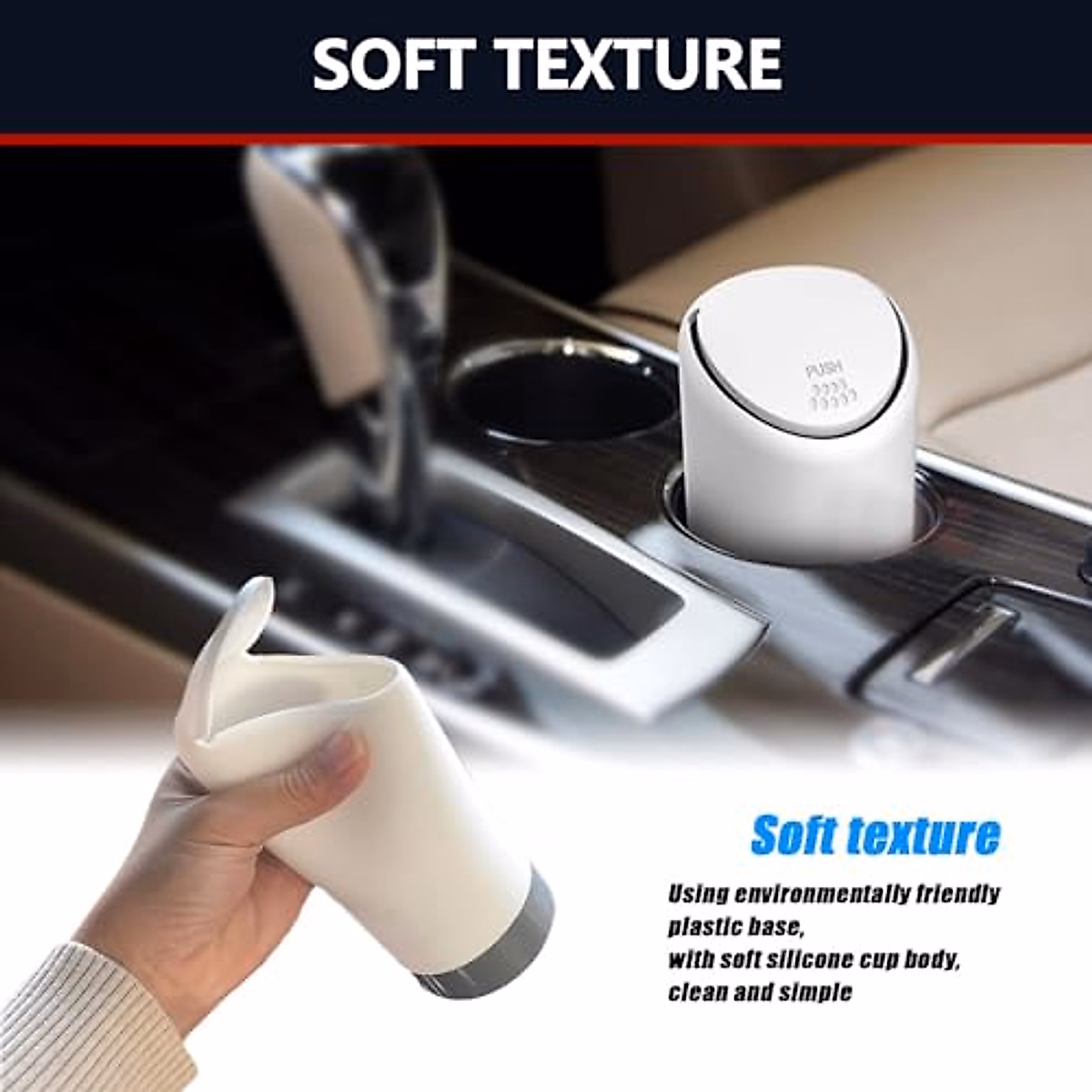 UGSHY 1 PC Car Trash Can with Lid, 2.5" x 6.2" Silicone Portable Small Trash Can, Cup Type Embedded Integrated Waterproof Trash Can for Most Cars SUVs and Trucks (White)