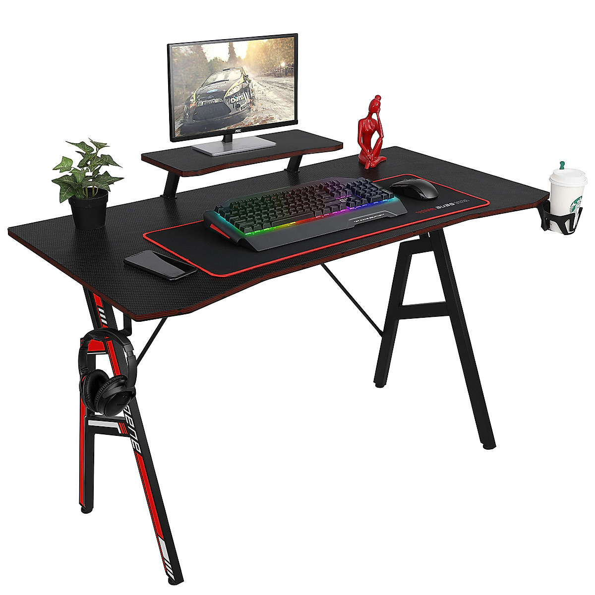 AuAg 44 inch Gaming Desk with Monitor Shelf PC Desk, A-Shaped Gaming Table Home Office Computer Desk Modern Ergonomic Racing Style Gamer Workstation with Cup Holder and Headphone Hook (44")