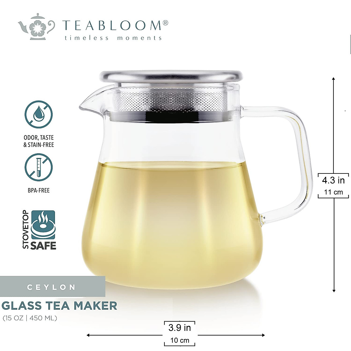 Teabloom One-Touch Tea Maker, 2-in-1 Teapot and Kettle with Stainless Steel Filter Lid for Loose Tea – Stain-free Borosilicate Glass Tea Pot (15 Oz) – Tea Connoisseur's Choice
