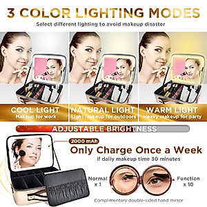 Jula Vance Travel Makeup Case with Removable Large Mirror and Lights 3 Color Adjustable Brightness Dividers with Shoulder Strap Rechargeable,Waterproof,for Travel or Business, Large