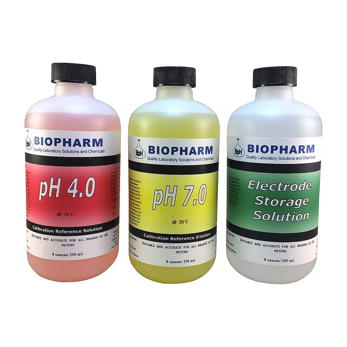 pH Buffer Calibration Kit 3-pack — 250 mL (8.4 fl oz) each: pH 4.00 Buffer, pH 7.00 Buffer, Electrode Storage Solution — For Precise and Accurate Calibrations — Designed for Hydroponics and Aquaponics