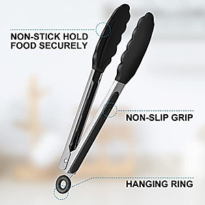 EEKEDO Kitchen Tongs, Stainless Steel Silicone Tongs for Cooking 600ºF High Heat-Resistant BBQ Grilling Locking Tongs, Set of 2-9" and 12"