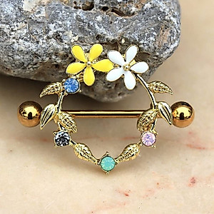 Pierced Owl 14GA Golden Leaves Shield with Flowers and Colorful CZs 316L Surgical Stainless Steel Barbell Nipple Ring Shields, Sold as a Pair