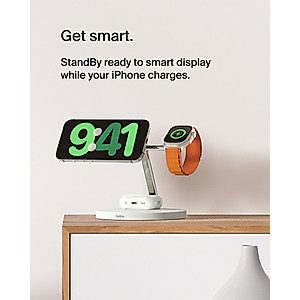 Belkin MagSafe Charger, 3-in-1 Wireless Charging Stand, 2ND GEN, 33% Faster for Apple Watch, iPhone 16, iPhone 15, iPhone 14 Series, AirPods - MagSafe Charging Station for Multiple Devices - White