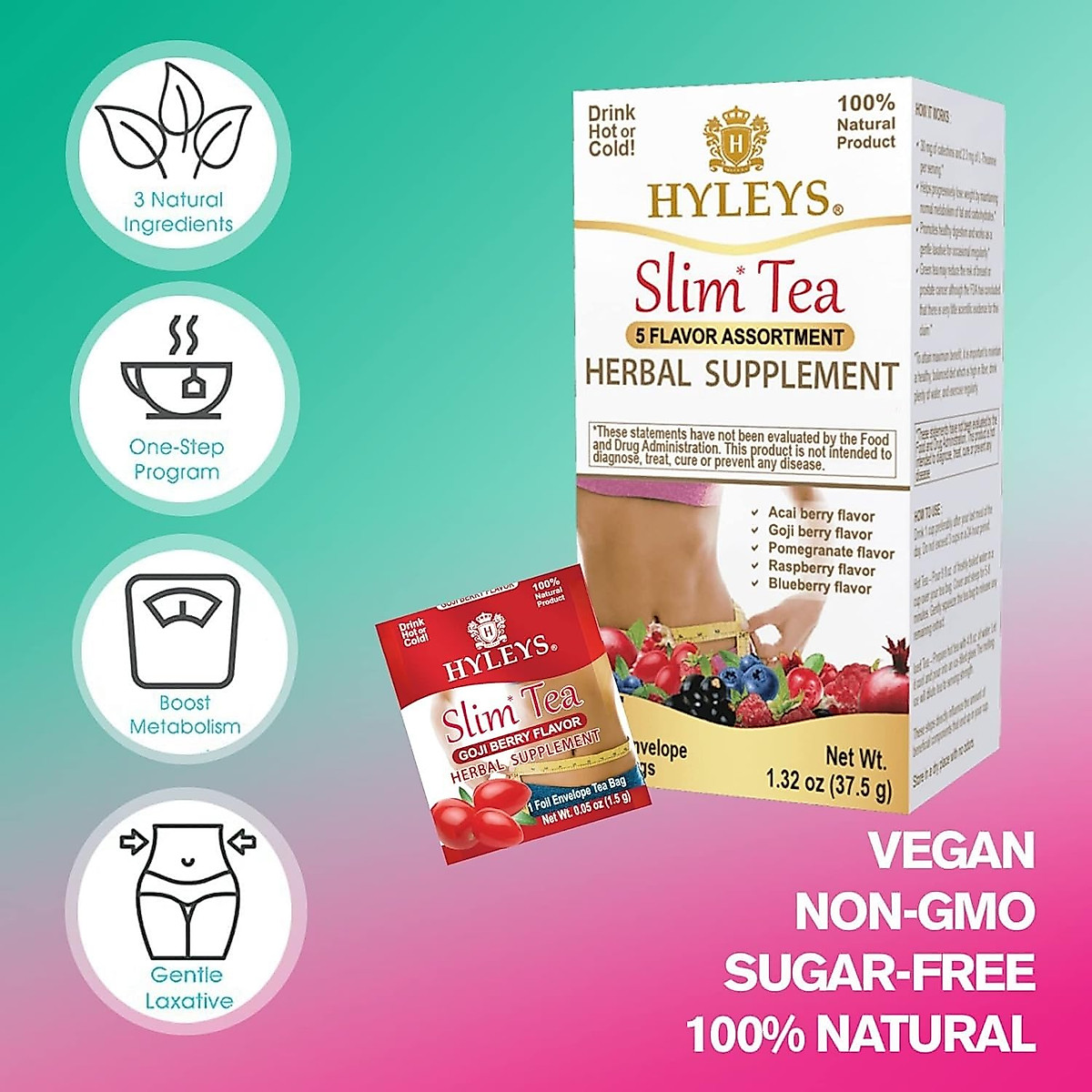 Hyleys Slim Tea 5 Flavor Assortment - Weight Loss Herbal Supplement Cleanse and Detox - 25 Tea Bags (1 Pack)