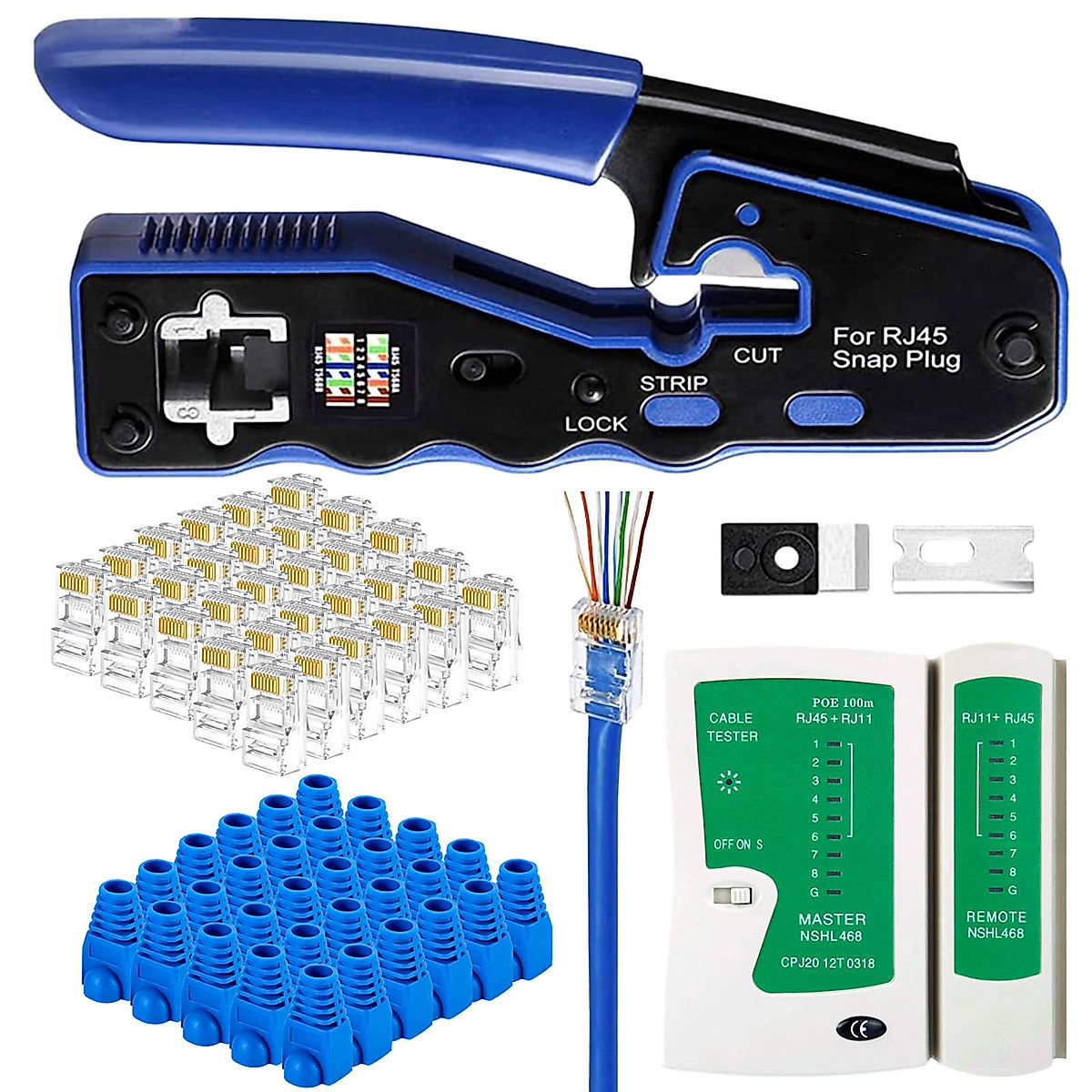 Gaobige RJ45 Crimp Tool Kit Pass Through, Cat5 Cat5e Cat6 Cat6A Crimping Tool with 50PCS RJ45 Cat6 Pass Through Connectors, 20PCS Covers, Cable Tester, Cutter, Wire Stripper