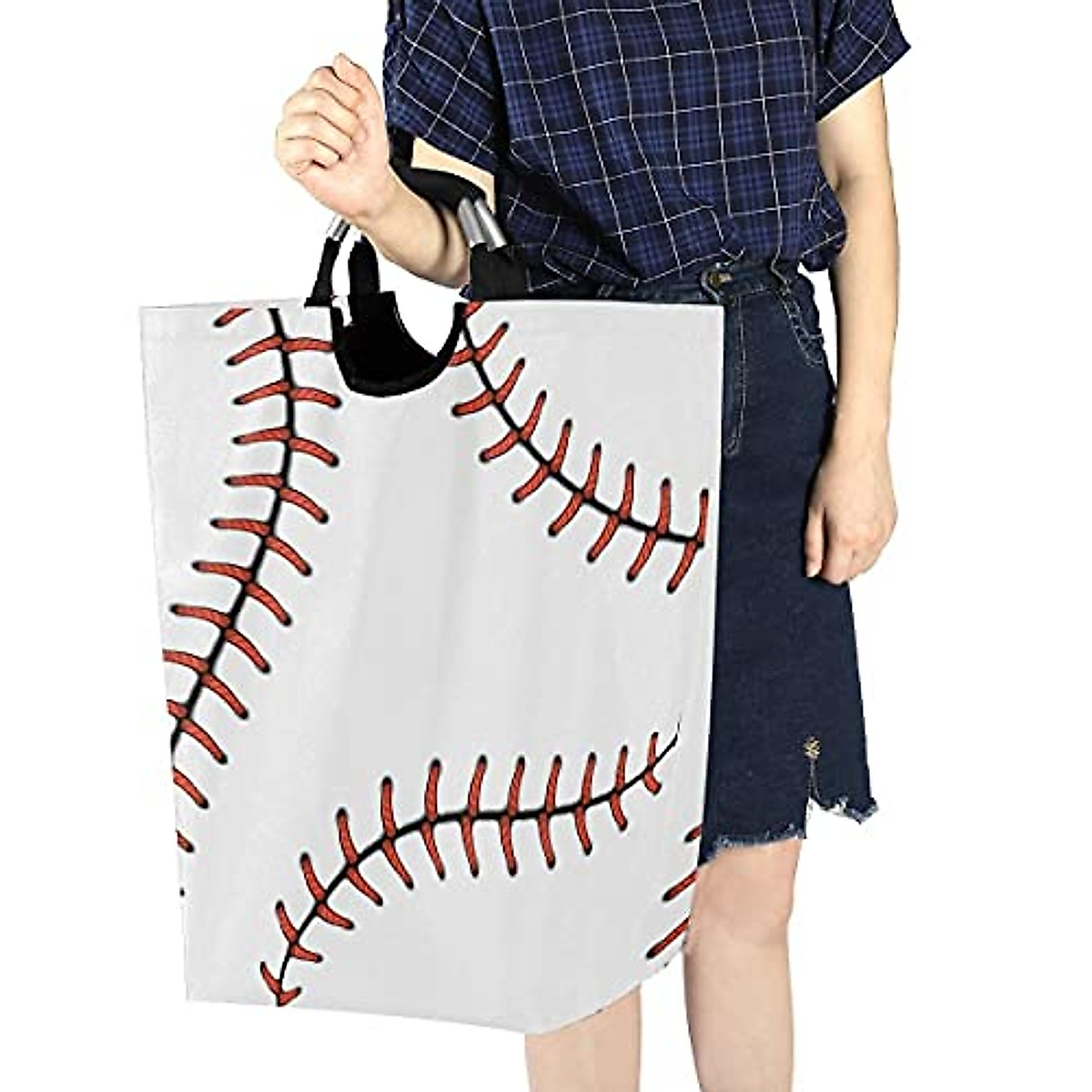 Pfrewn Red Stitching Baseball Large Laundry Basket Softball Laces Collapsible Laundry Hamper with Handles Waterproof Durable Clothes Washing Bin Dirty Baskets Storage for Home College Dorm Bathroom