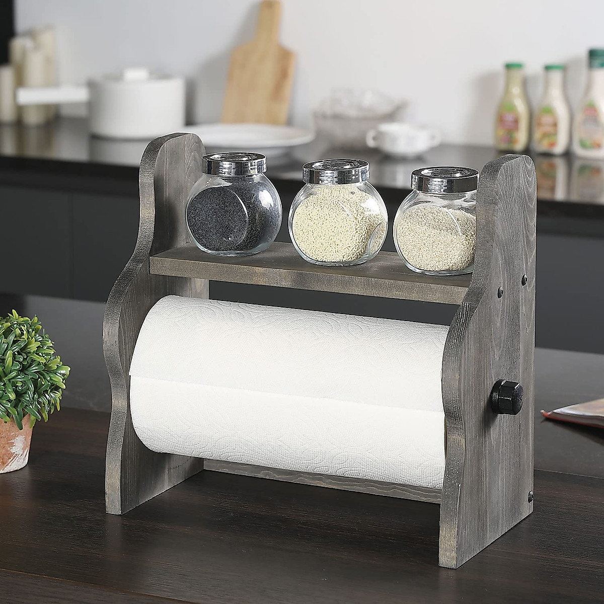 MyGift Wall Mounted Vintage Gray Solid Wood Paper Towel Holder and Spice Jars Storage Shelf with Industrial Black Metal Pipe Bar, Countertop Paper Towel Dispenser