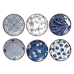 Japanese Style Ceramic Dipping Bowls,4 Inch Side Dishes Sauce Dishes for Sushi,Sauce,Snack and Soy,3 Oz Blue and White Pinch Bowls for Kitchen Prep - Set of 6(4 inch)