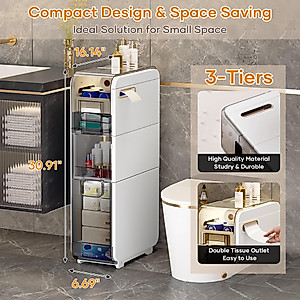 MOSAMNI 3-Tiers Slim Bathroom Storage Cabinet, Narrow Bathroom Storage Cabinet with Drawers & Wheels, Plastic Waterproof Bathroom Storage Organizer for Small Spaces, Kitchen, Laundry Room, Out-of-Box