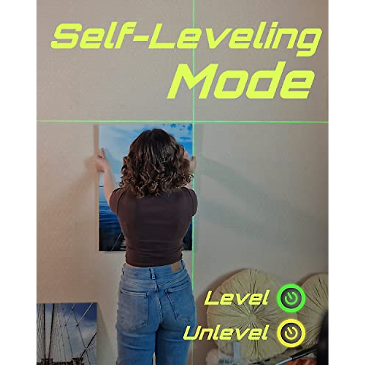 LASGOO Laser Level Self Leveling, Green Cross Laser Line with Vertical and Horizontal for Picture Hanging and Construction, Magnetic Rotating Stand and Portable Case Included, Green