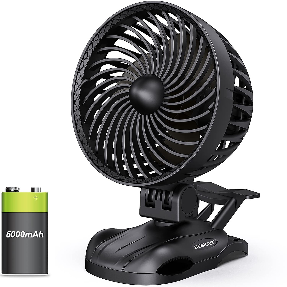 BESKAR Clip on Fan - 5000mAh Battery Rechargeable with CVT Speeds and Strong Airflow, Adjustable Tilt, Personal Quiet Fan for Office Stroller Outdoor - Portable Small Desk Fan