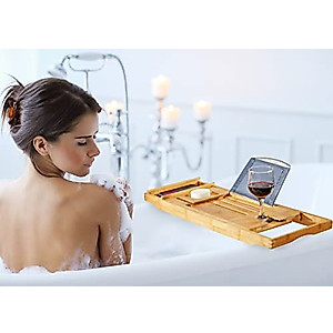 RoyalHouse Bamboo Bathtub Caddy Tray, Expandable Bath Table Over Tub with Glass Book, Adjustable Organizer Tray for Bathroom, Wine and Phone Holder, Ideal Gift for Family & Friends (Pack 2)