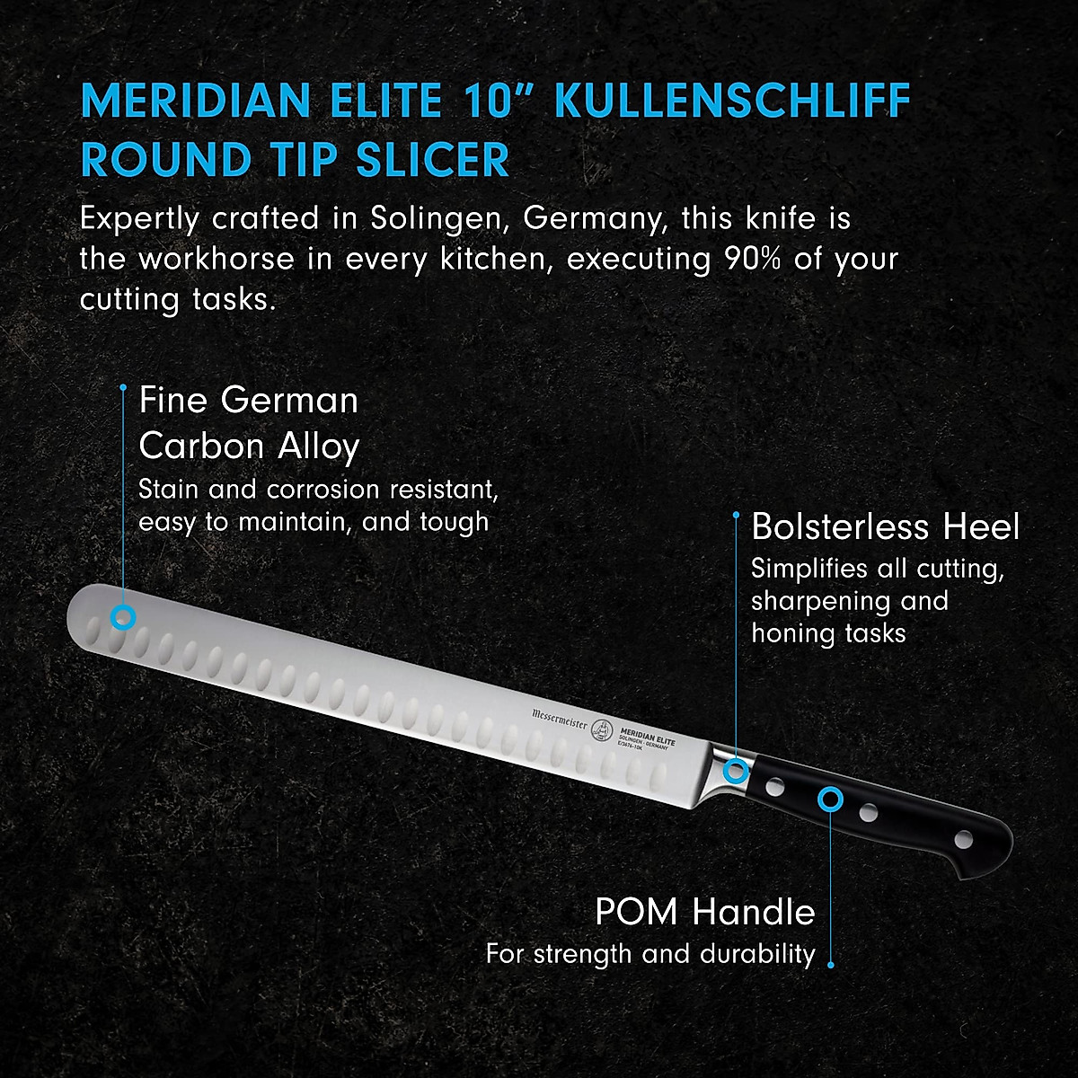 Messermeister Meridian Elite 10” Round-Tip Kullenschliff Slicer Knife - Fine German Steel Alloy Blade - Rust Resistant & Easy to Maintain