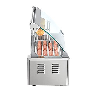 VEVOR Hot Dog Roller 5 Rollers 12 Hot Dogs Capacity, 750W Stainless Sausage Grill Cooker Machine with Dual Temp Control Glass Hood Acrylic Cover Bun Warmer Shelf Removable Oil Drip Tray ETL Certified